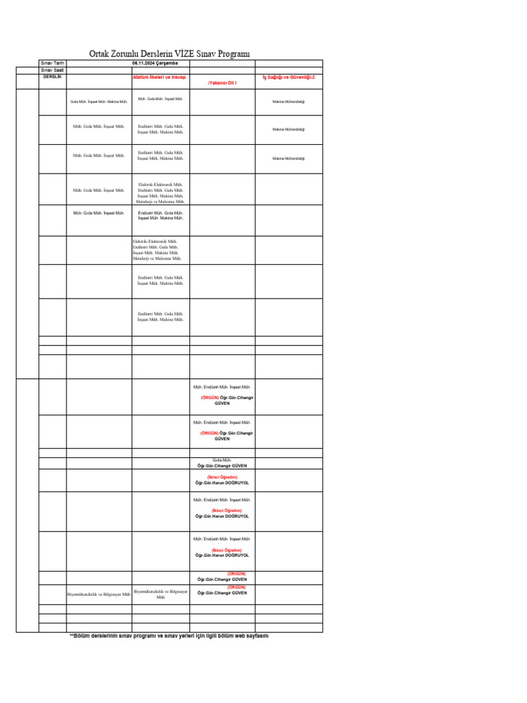 2024 2025 Guz Donemi Ortak Zorunlu Derslerin Vize Sinav Programi | PDF