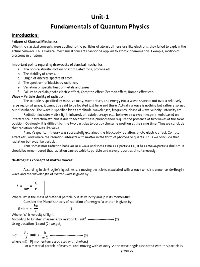 Unit-1 Fundamentals of Quantum Physics | PDF | Electromagnetic ...