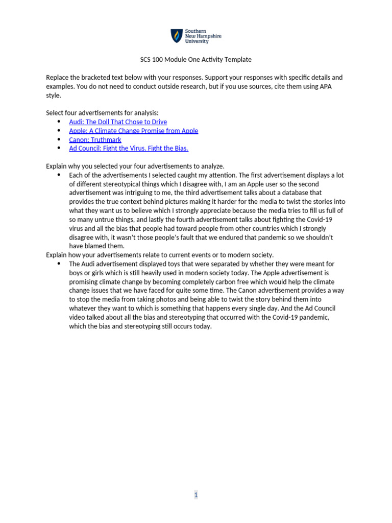 SCS 100 Module One Activity Template | PDF