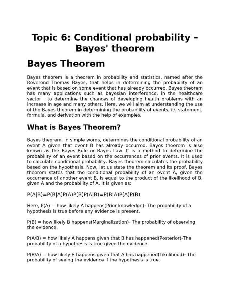 Topic 6: Conditional Probability - Bayes' Theorem Bayes Theorem | PDF ...