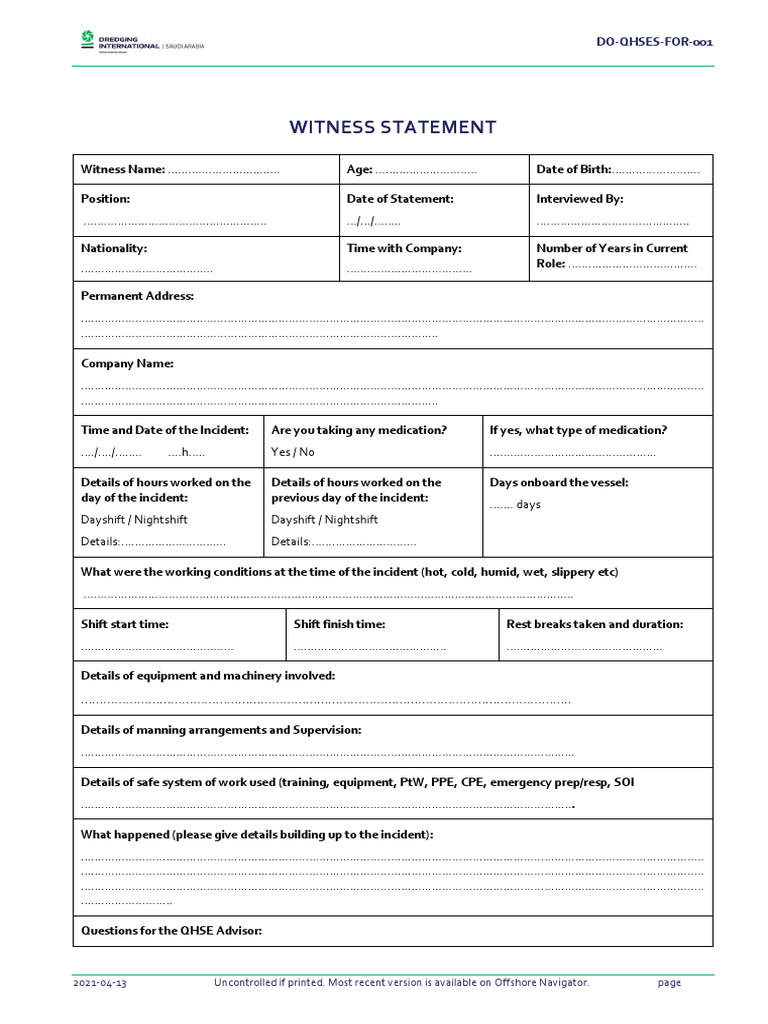 Witness Statement Form DO QHSES for 001 | PDF | Shift Work | Working ...