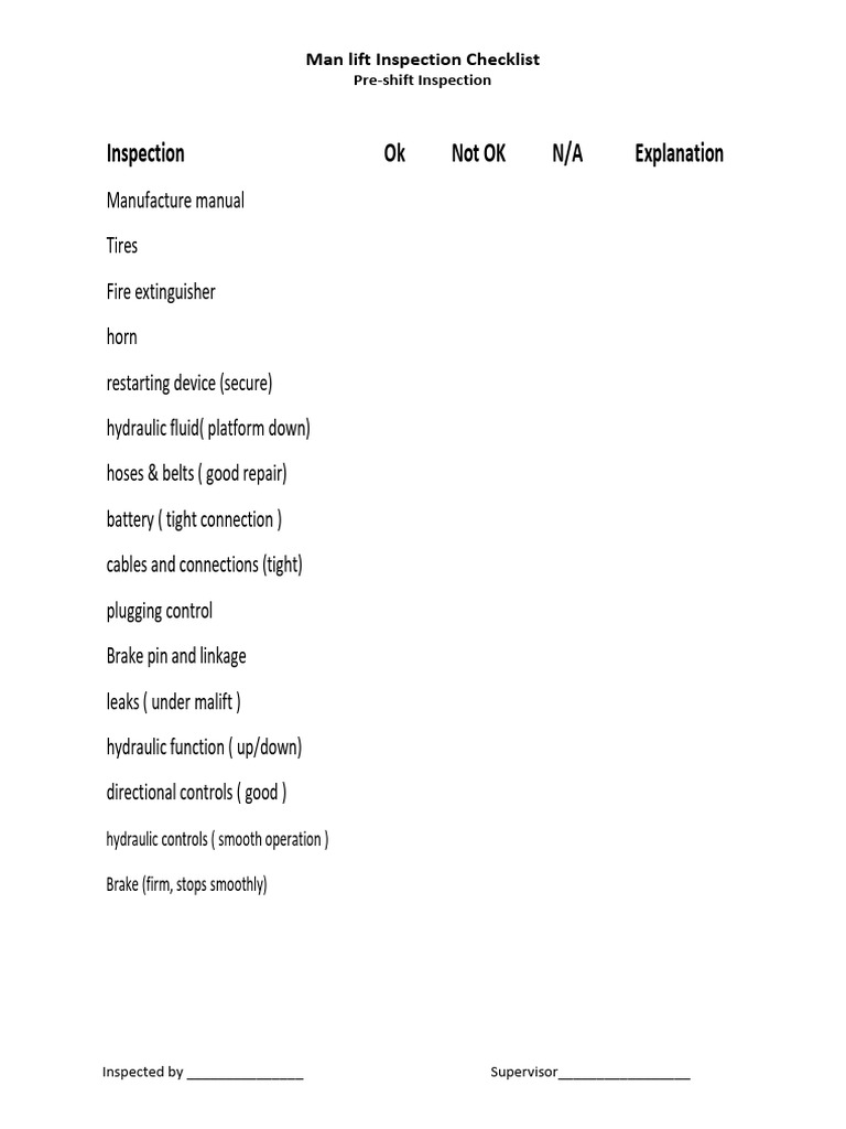 Man Lift Pre-Shift Inspection Checklist | PDF