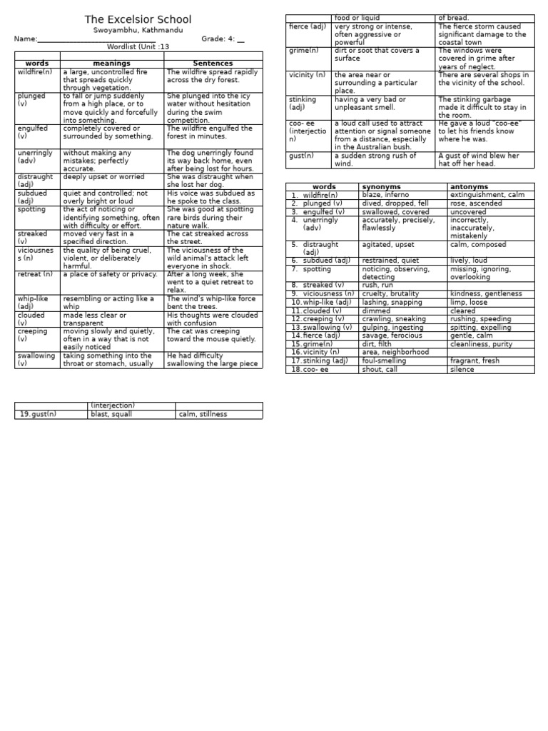Grade 4 Vocab List Unit 13 | PDF