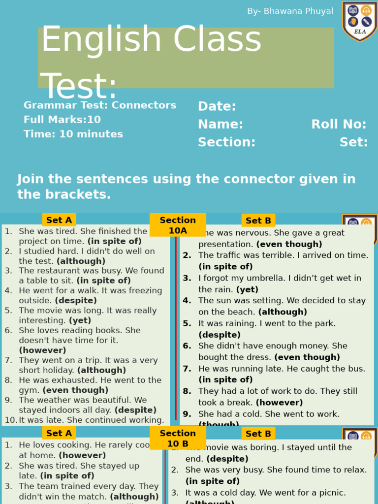 Grade 10 English Class Test Connectors | PDF