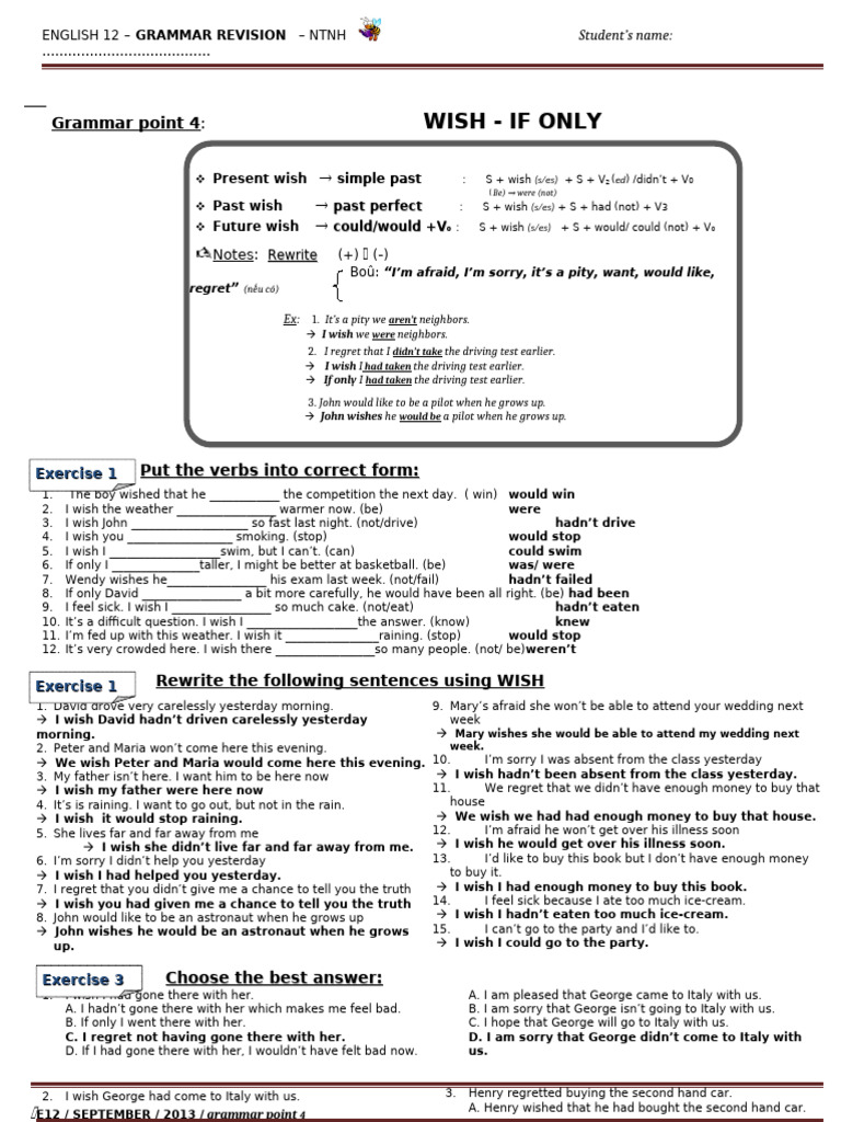 WISH and IF ONLY Grammar Exercises | PDF | Linguistics