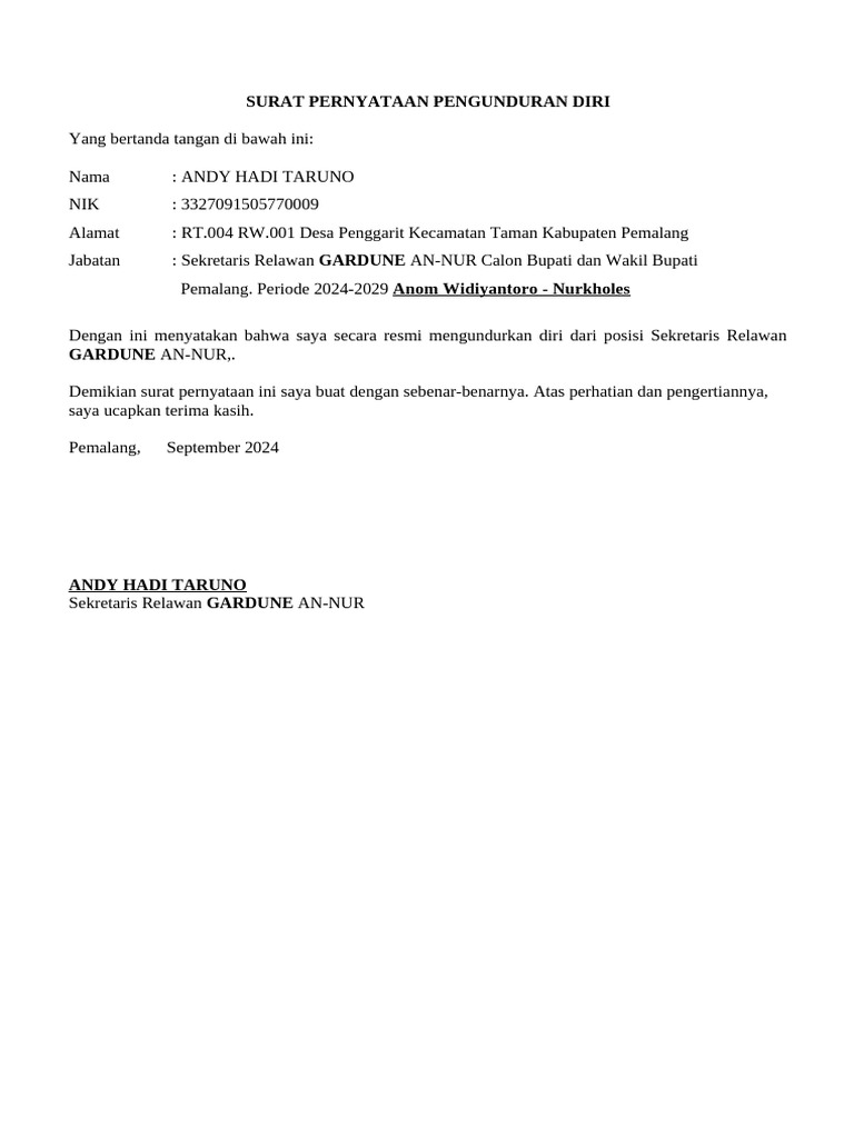 Surat Pernyataan Pengunduran Diri Relawan Annur | PDF
