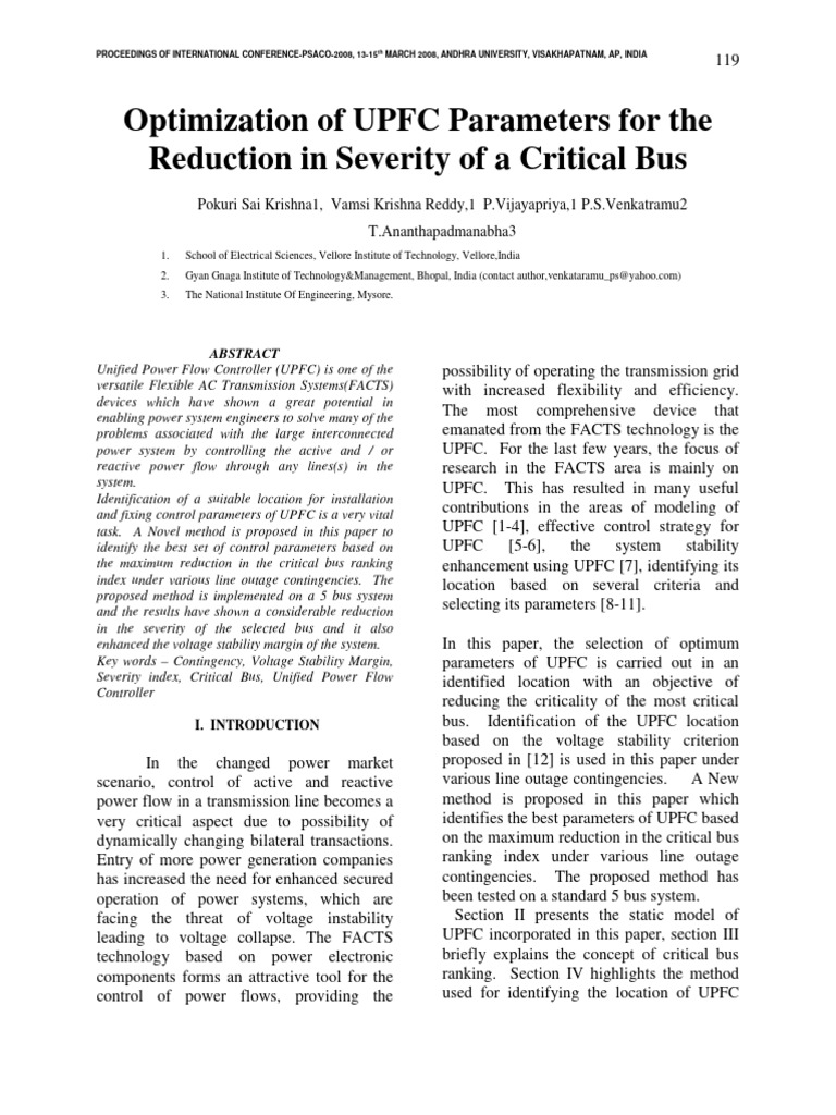 Optimization of UPFC Parameters For The Reduction in Severity of A Critical Bus | PDF ...