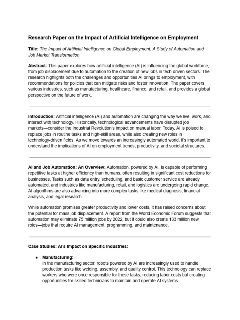 Research Paper On The Impact of Artificial Intelligence On Employment ...