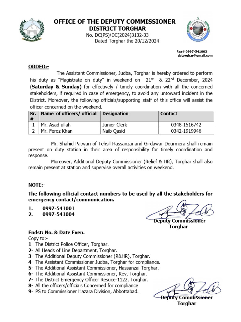 Weekend Duty Roster 20th Dec | PDF