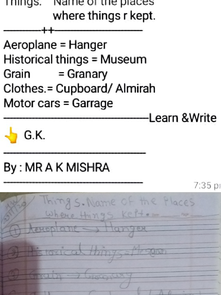 Things. Name of Places Where Things Kept. | PDF