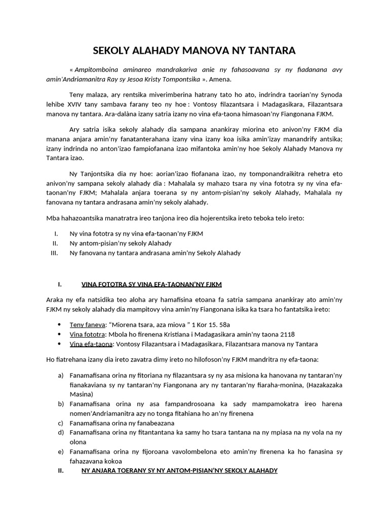 Fanofanana SP 10 Sekoly Alahady Manova Tantara | PDF