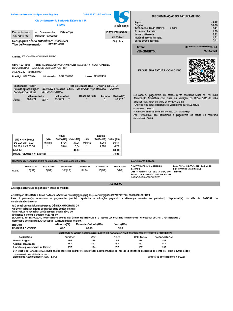 Sabesp Fatura Completa 637789474005 9108558847538 580317 | PDF