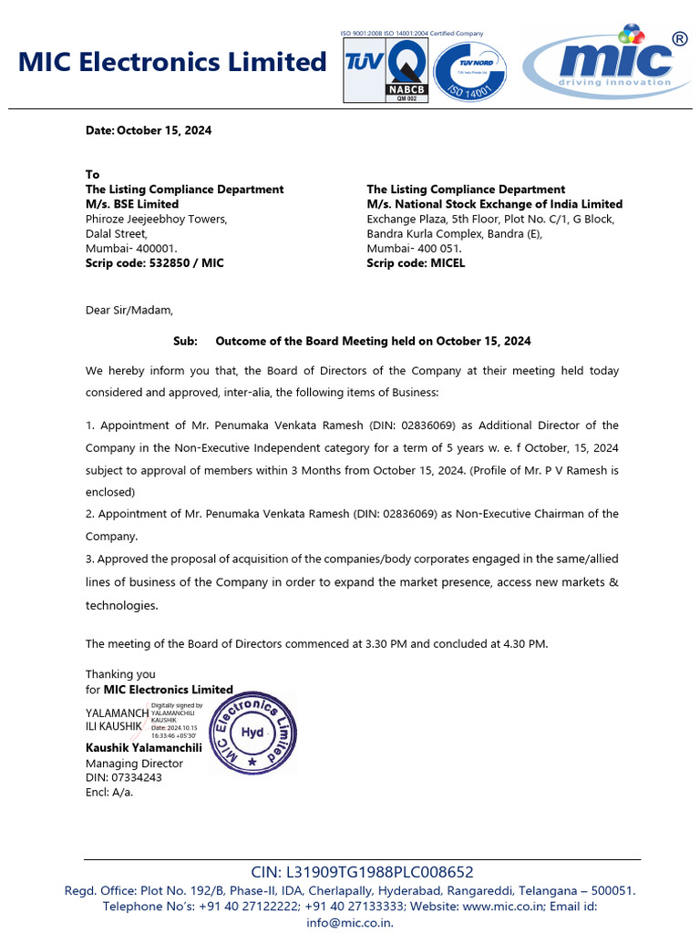 MIC Electronics Limited: CIN: L31909TG1988PLC008652 | PDF | Economies