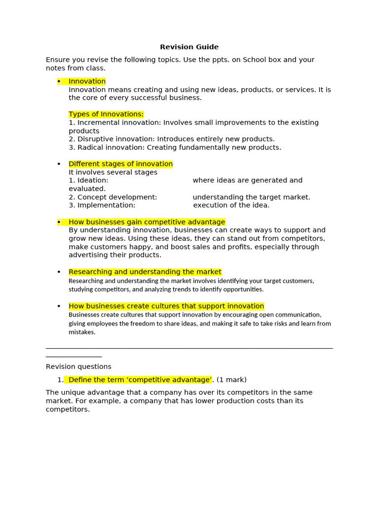 Business Revision Guide & Questions | PDF | Innovation | Competitive ...