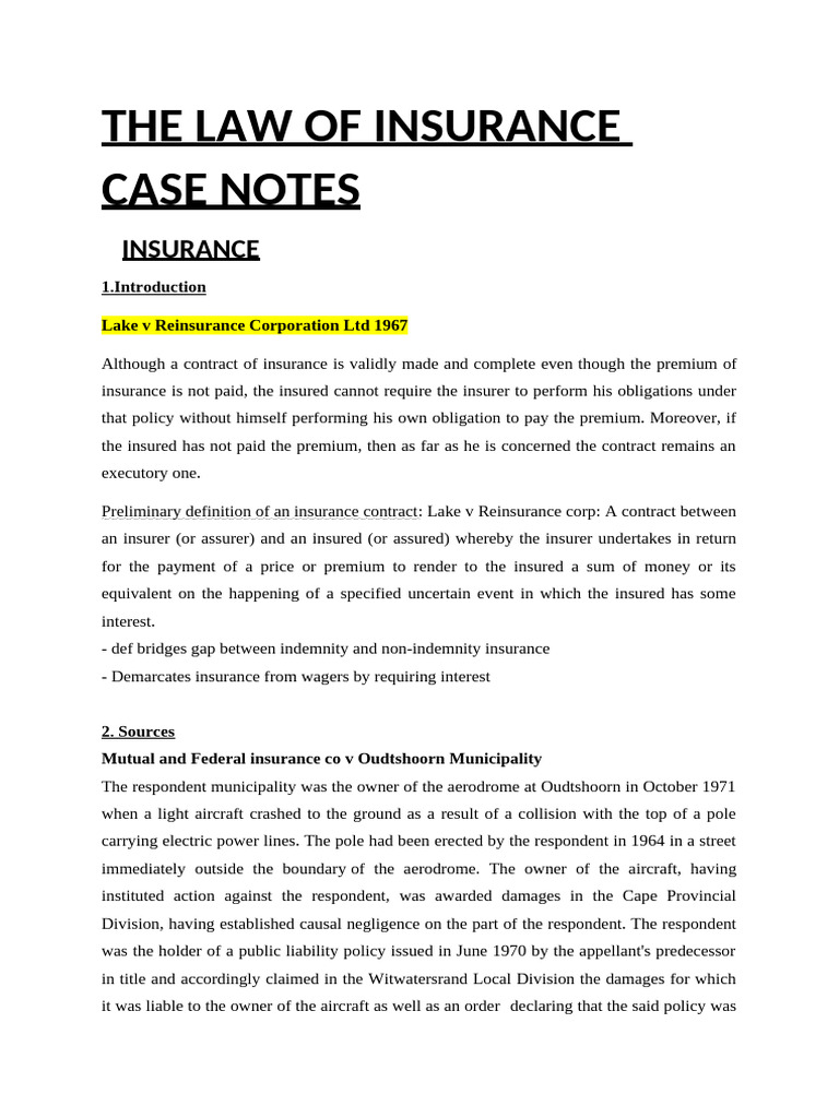 The Law of Insurance & Credit Agreements Case Notes | PDF | Insurance ...