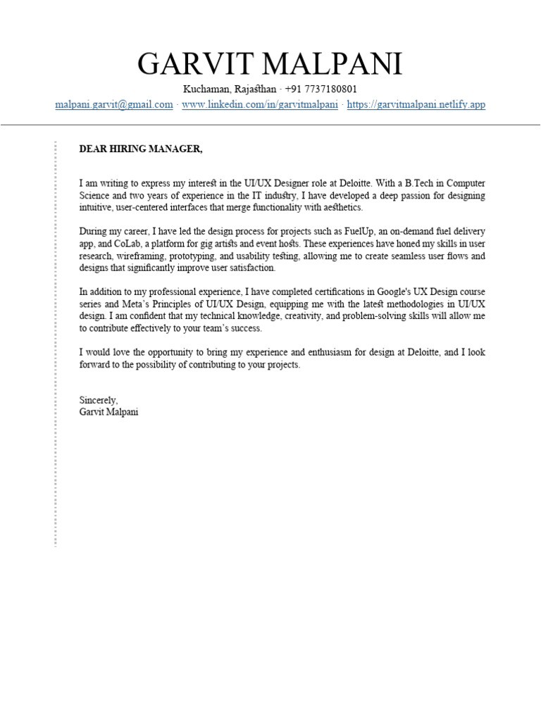 Garvit Malpani Cover Letter | PDF