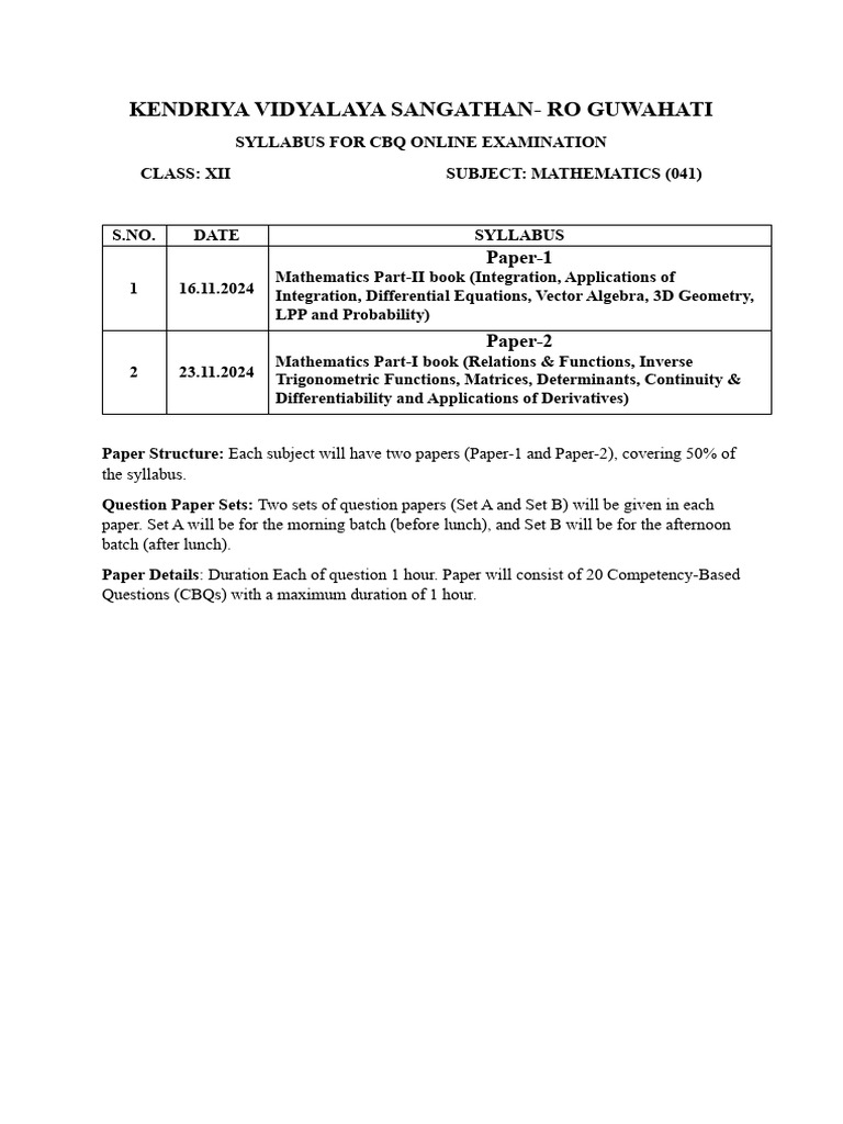 CBQ Syllabus XII Maths | PDF