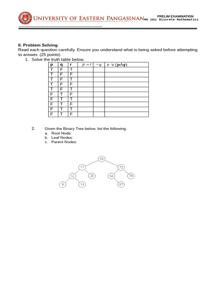 II. Problem Solving: Given The Binary Tree Below, List The Following: A. Root Node: B. Leaf ...