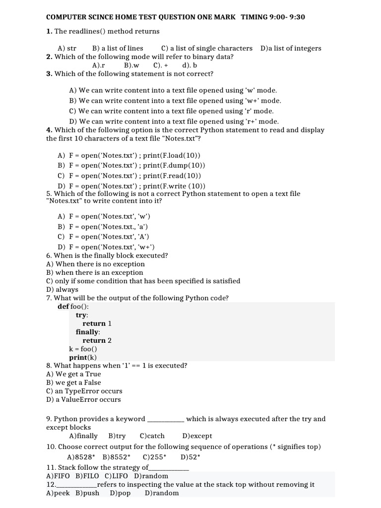 CS Cum Home Test Question | PDF | Text File | Bit Rate