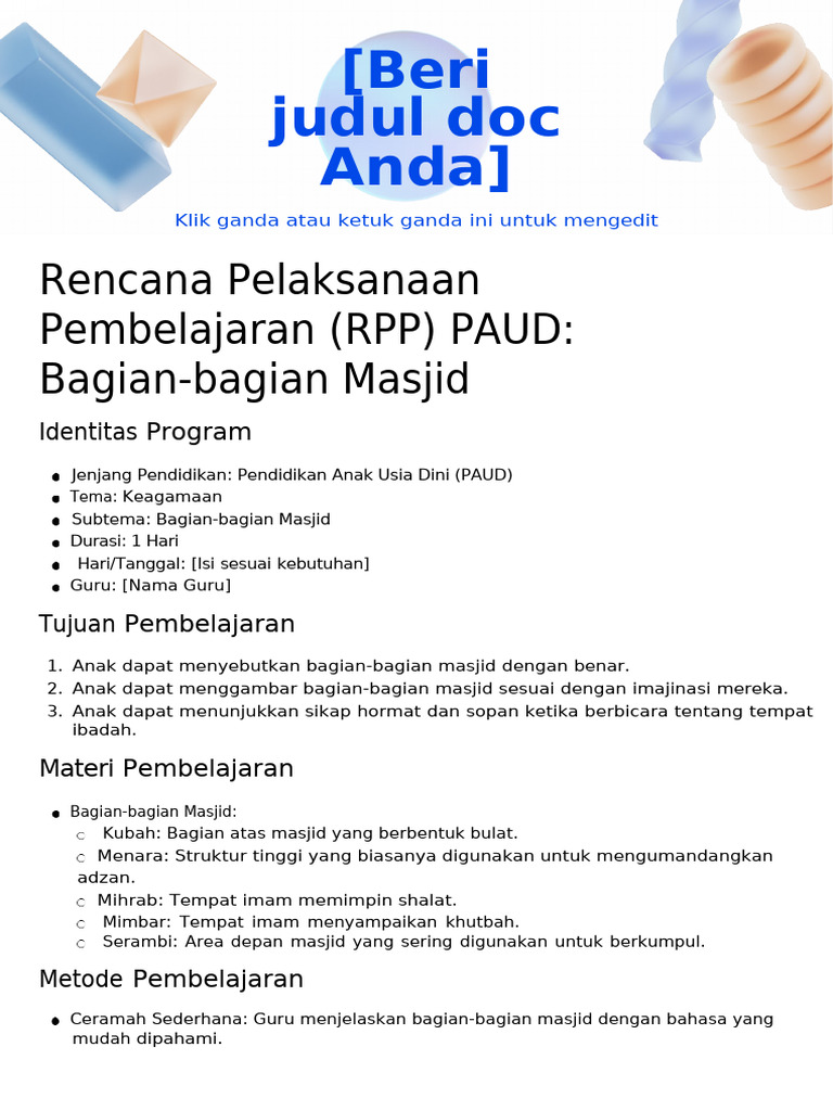 Rencana Pelaksanaan Pembelajaran (RPP) PAUD Bagian-Bagian Masjid ...