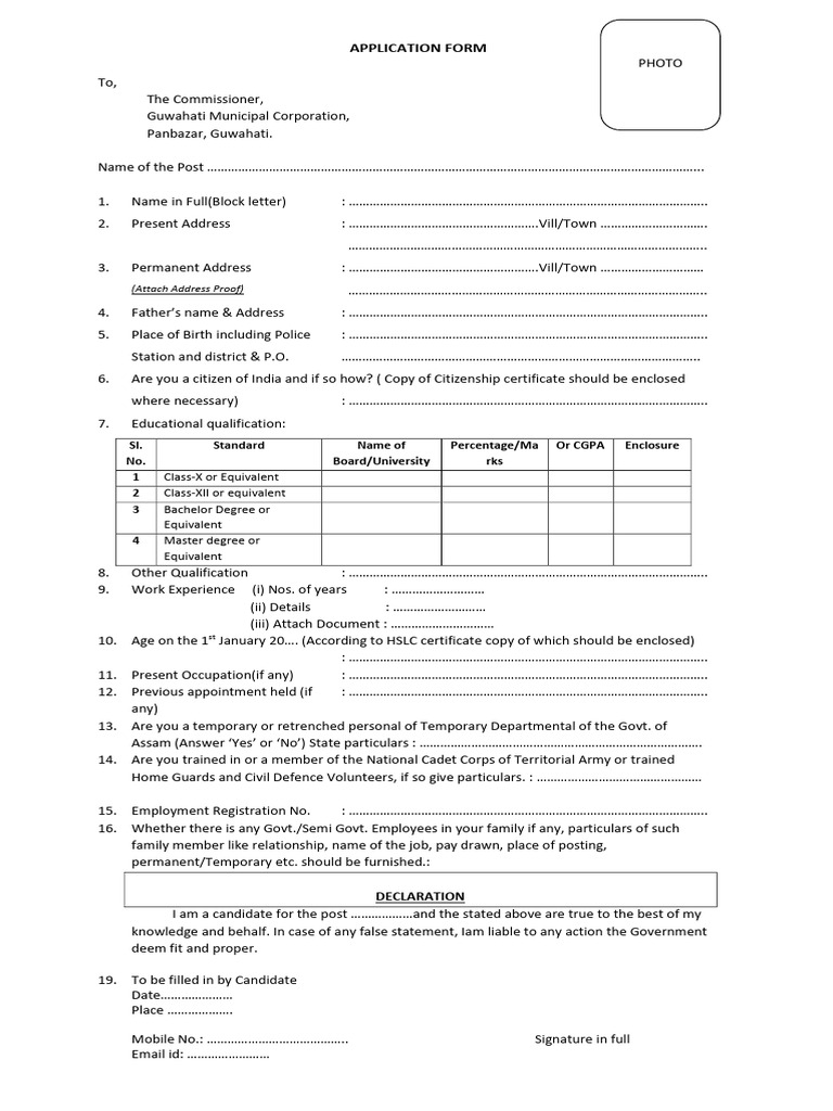 Standard Form of Application To The Post of Jto | PDF | Government
