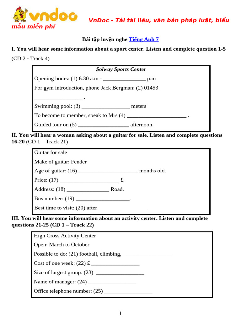 bai-tap-luyen-nghe-tieng-anh-lop-7 | PDF