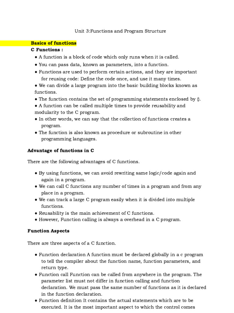 Unit 3 Functions and Program Structure-1-1 | PDF | Parameter (Computer ... Unit 3 Functions and Program Structure-1-1 | PDF | Parameter (Computer ...