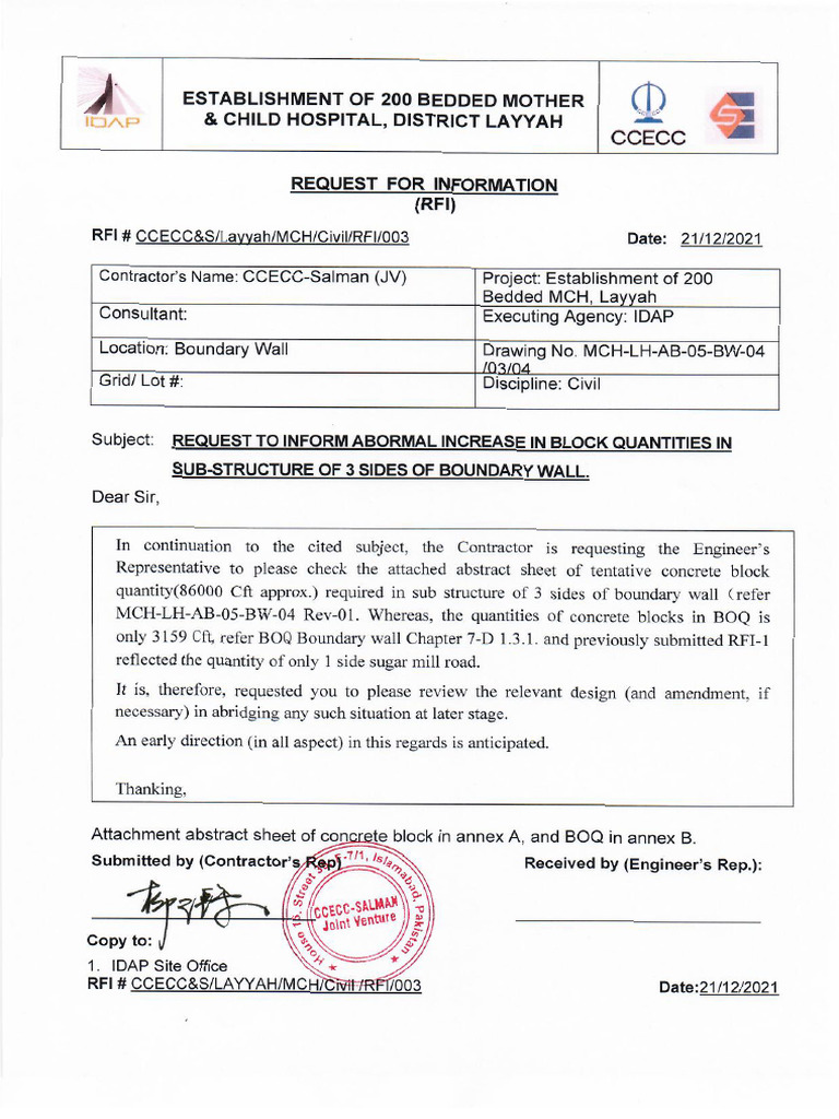 RFI No.003-Increase in Quantities of Block in sub-structure BW | PDF