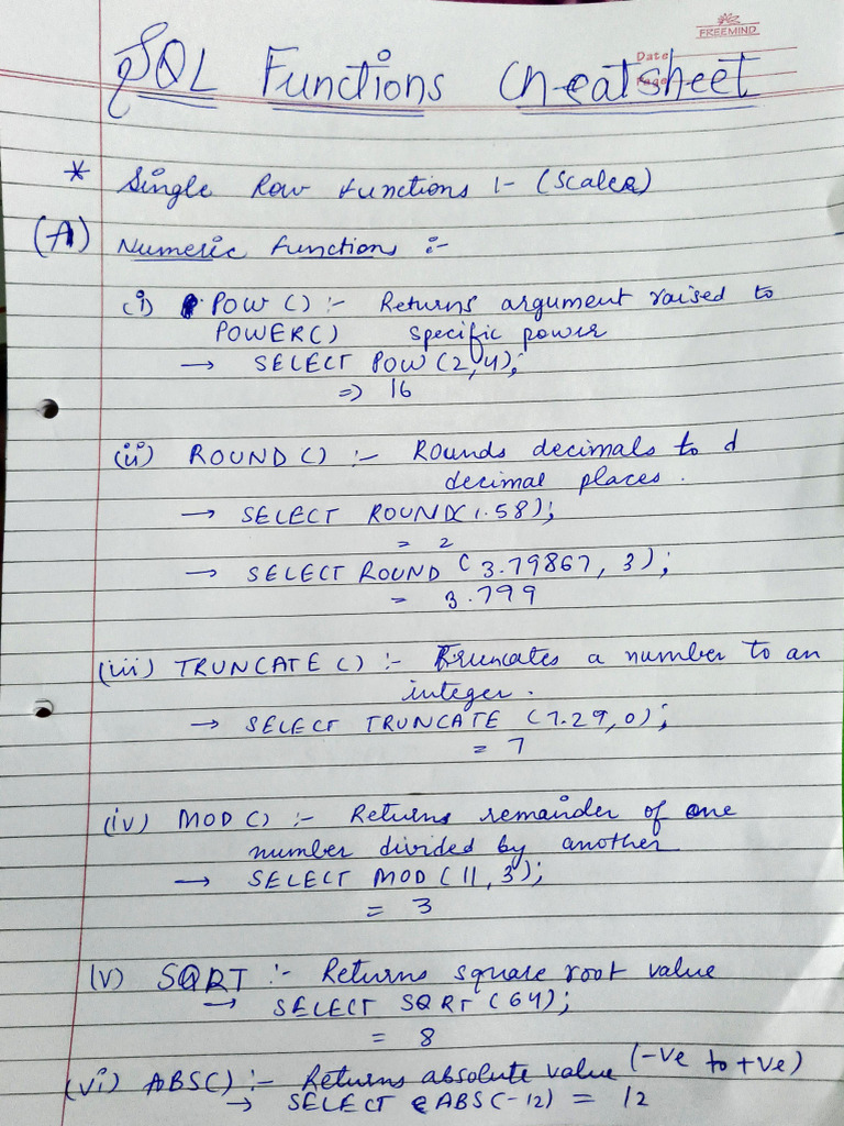 SQL Function Class 12 Cheatsheet | PDF