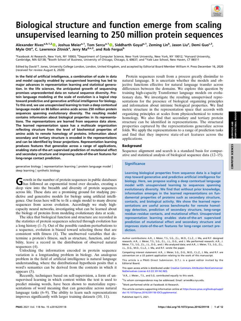 Rives Et Al 2021 Biological Structure and Function Emerge From Scaling ...