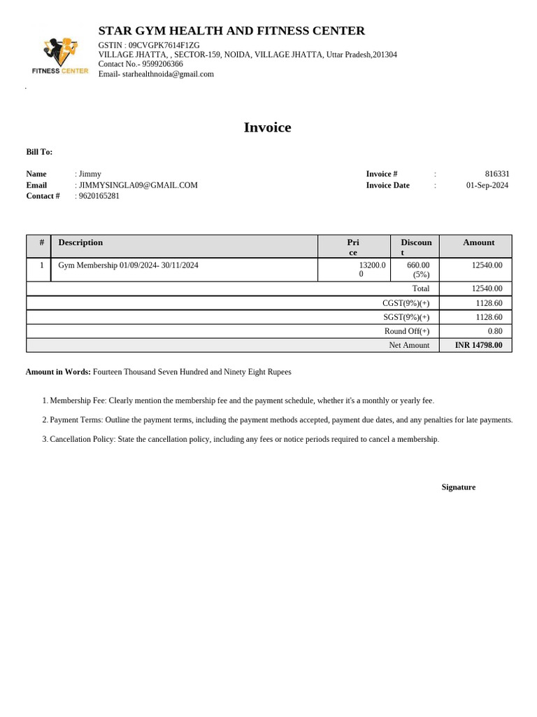 Copy of Gym_bill_sep | PDF | Payments | Money