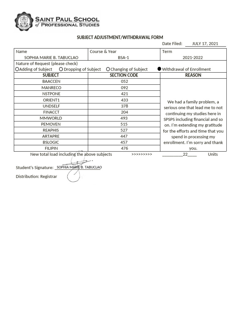 Subject Adjustment or Withdrawal | PDF