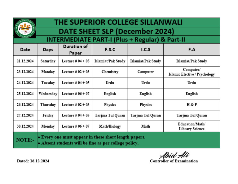 -Date Sheet Inter Part I+II | PDF