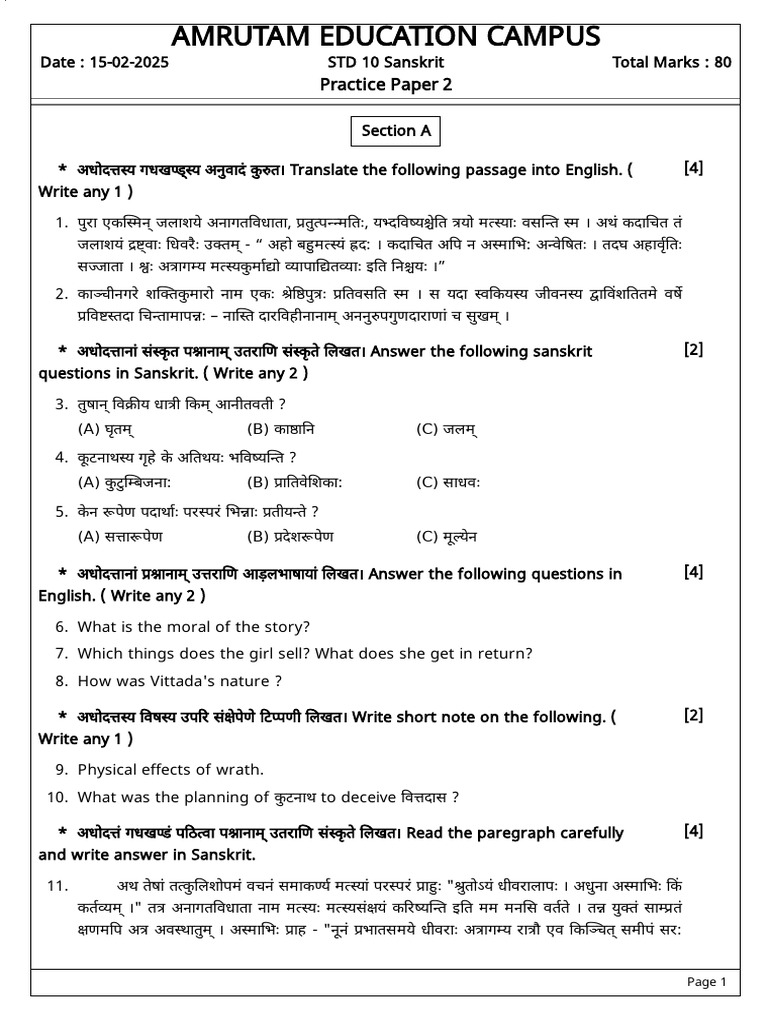 STD 10 Sanskrit Practical Paper 2 | PDF