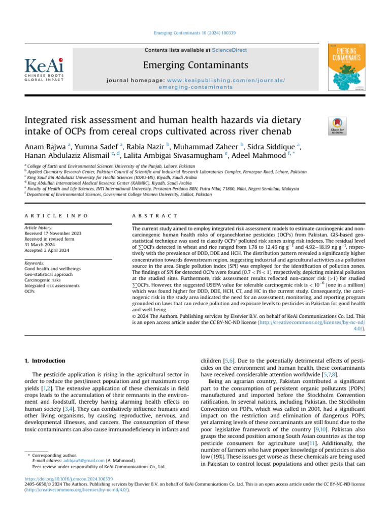 Integrated Risk Assessment and Human Health Hazards Via Dietary Intake ...