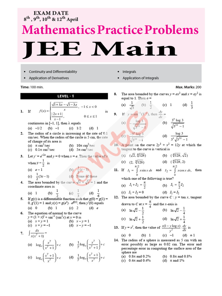 Mathematics Practice Problems JEE Main | PDF | Elementary Geometry | Mathematics