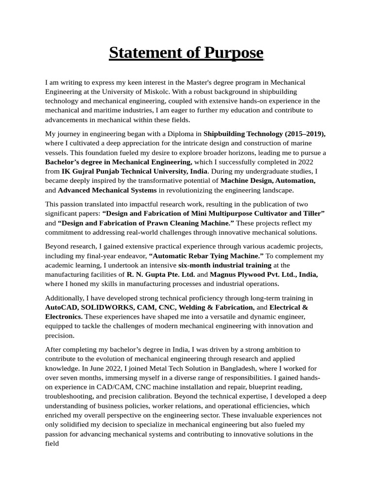 Statement of Purpose (Ali) | PDF | Engineering | Mechanical Engineering