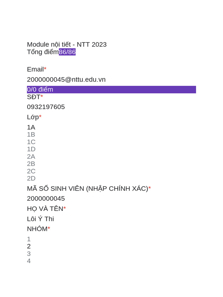 Module nội tiết - NTT 2023 Tổng điểm Email 2000000045@nttu.edu.vn SĐT ...