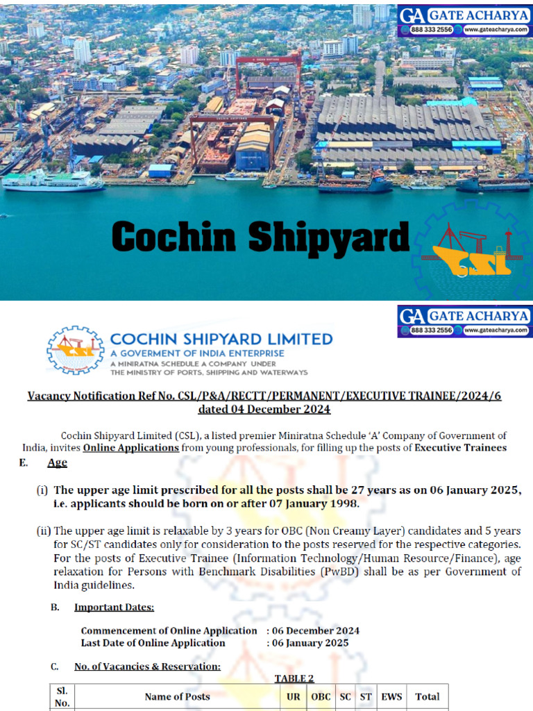 Cochin Shipyard Recruitment - Non GATE | PDF
