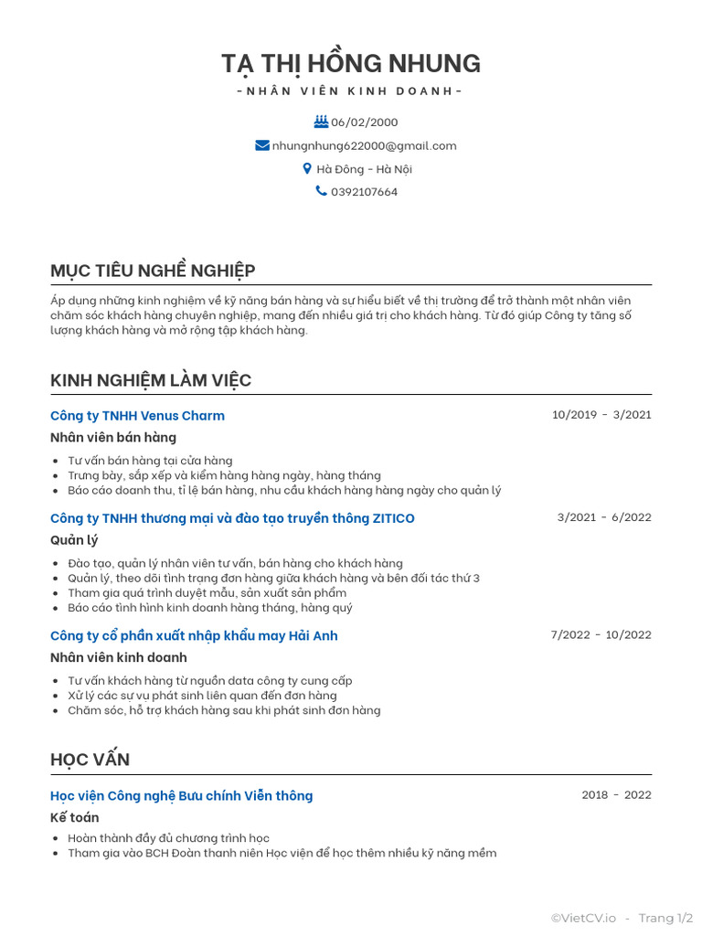 Tạ Thị Hồng Nhung - Cv xin việc - Nhân viên kinh doanh | PDF