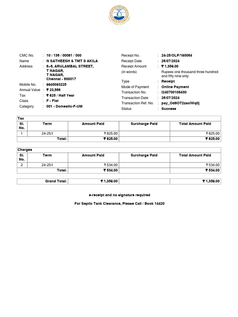 Chennai Water Tax e-Receipt Details | PDF | Rupee | Services (Economics)
