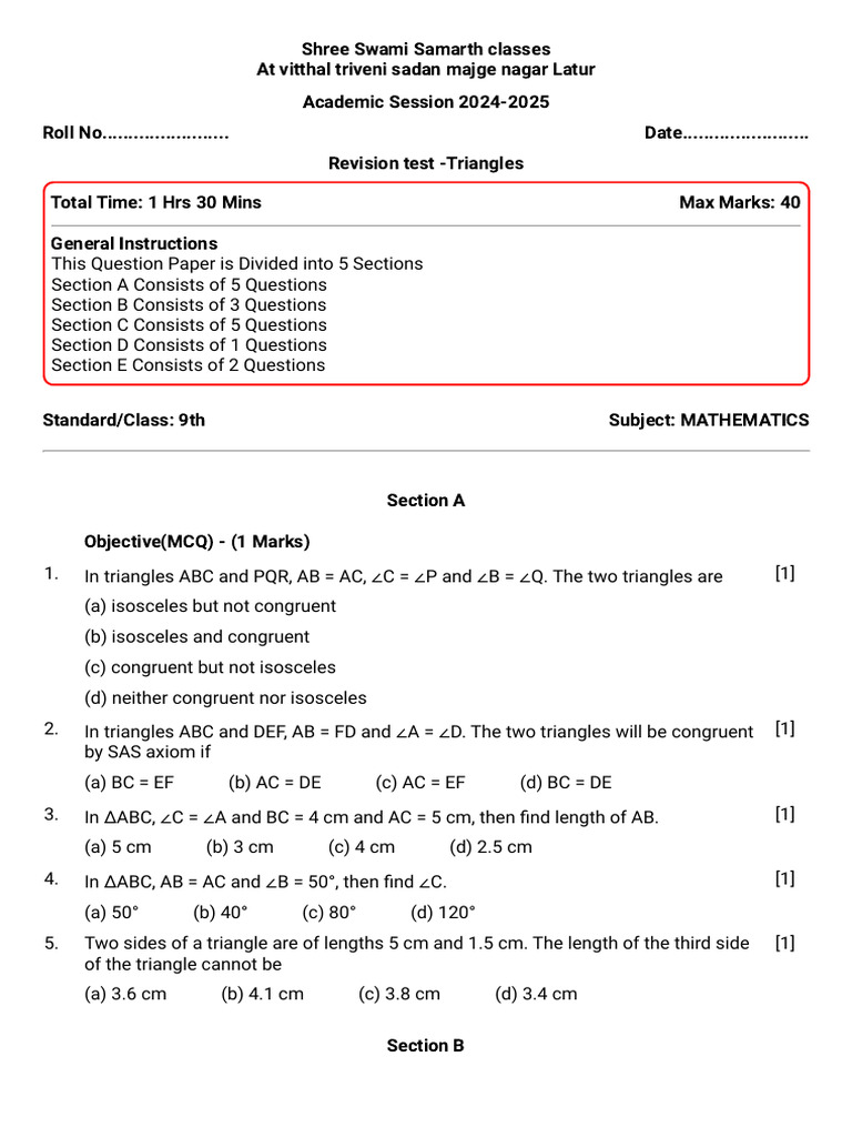 Revision Test - Triangles | PDF | Triangle | Classical Geometry