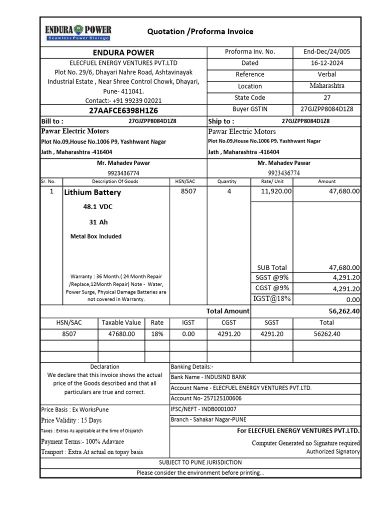 Proforma Invoice for Lithium Battery | PDF | Government Finances | Payments