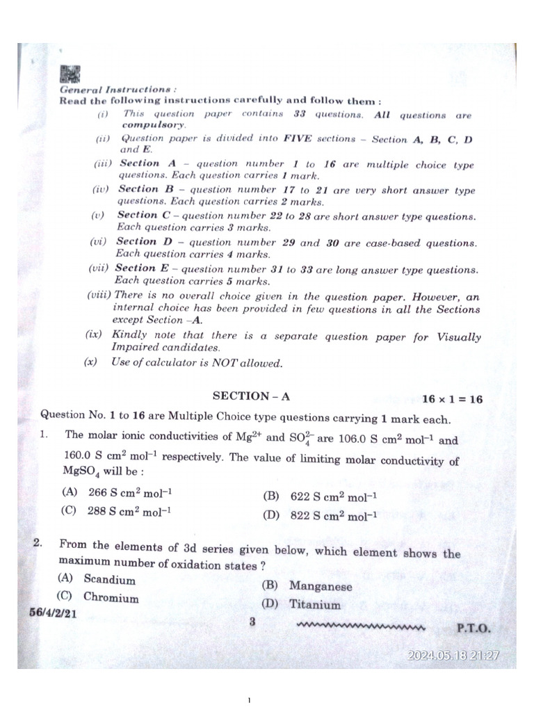 Chemistry Previous Year Question Paper & Solutions | PDF