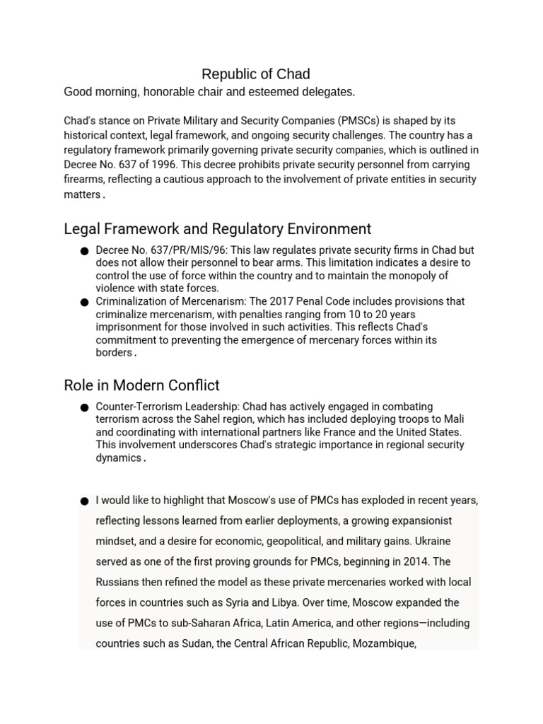 Chad's Regulatory Approach to PMCs | PDF | Military | Mercenary