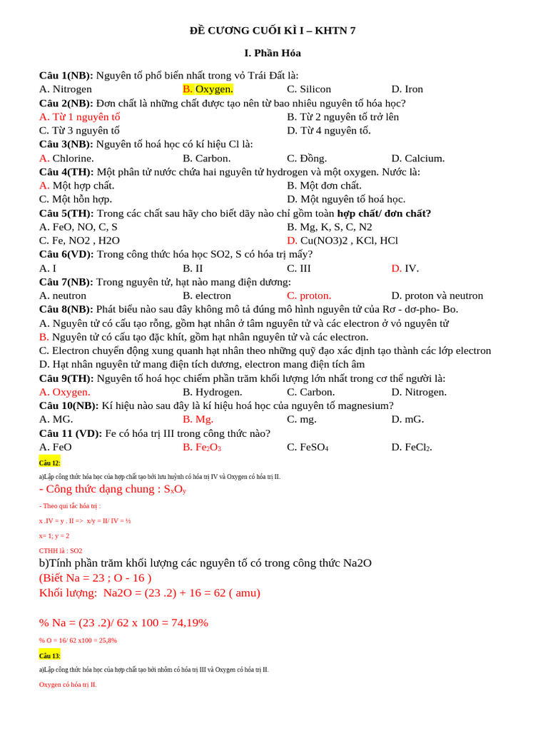 ĐỀ CƯƠNG CUỐI KÌ I-KHTN 7 | PDF