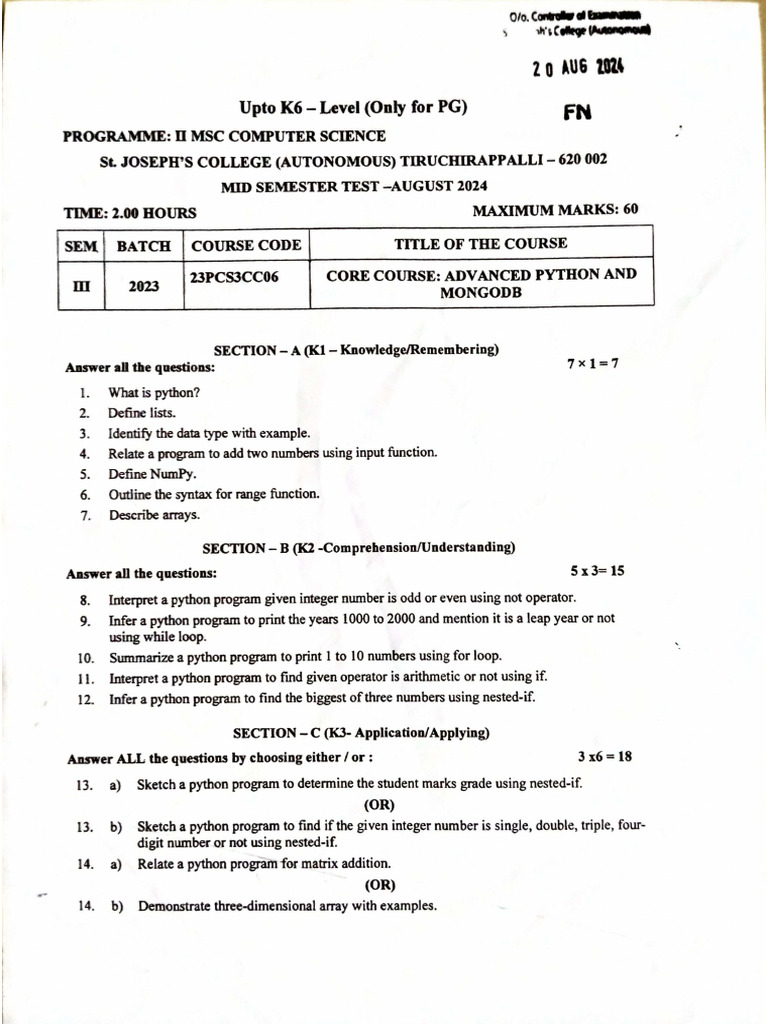 Advanced Python and Mangodb Mid Semester Question Paper | PDF