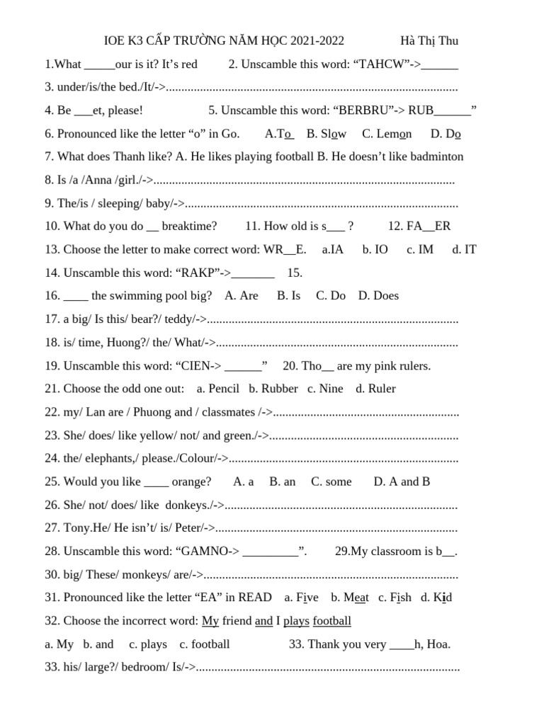IOE K3 CẤP TRƯỜNG NĂM HỌC 2021 | PDF