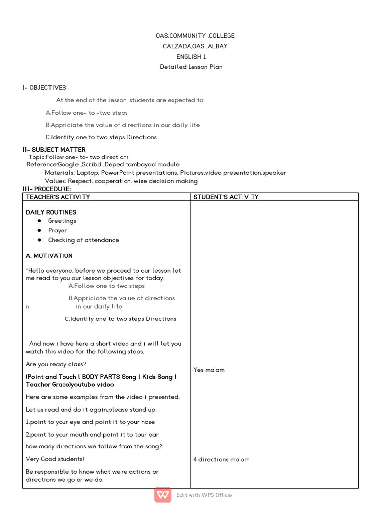 Lesson Plan: Following Directions in English | PDF | Cognition | Learning