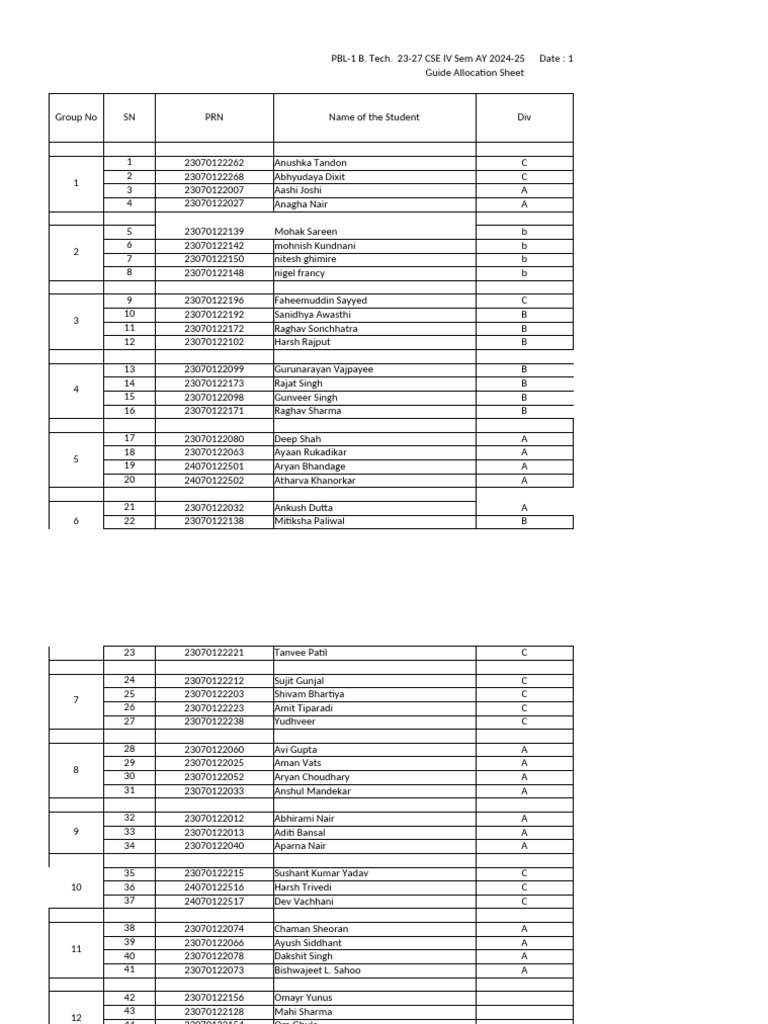 Student - PBL-1-Batch 23-27 - Guide Allocation Sheet | PDF